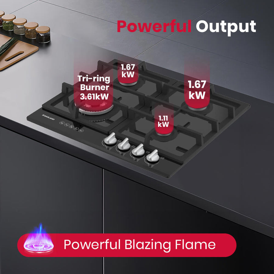GASLAND 60CM Gas Cooktop 4 Burner 8.27kW Black Tempered Glass Gas Hob ...