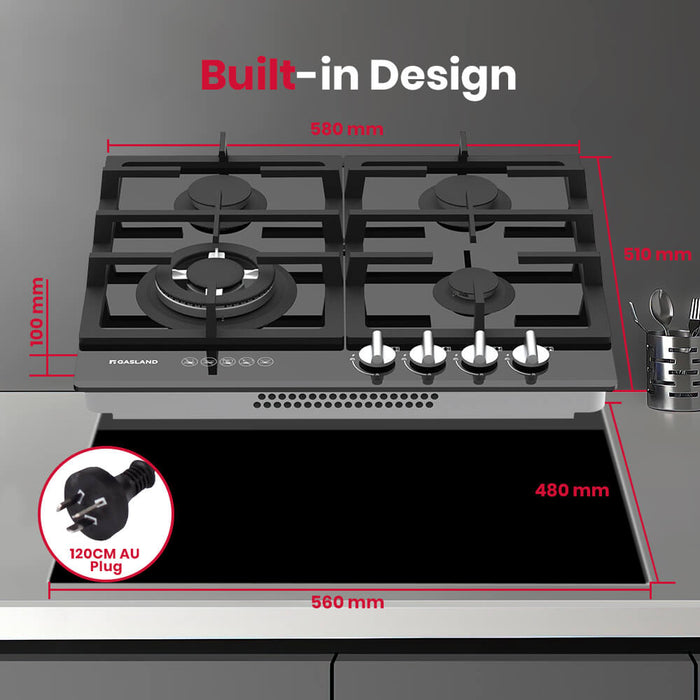 GASLAND 60CM Gas Cooktop 4 Burner 8.27kW Black Tempered Glass Gas Hob ...